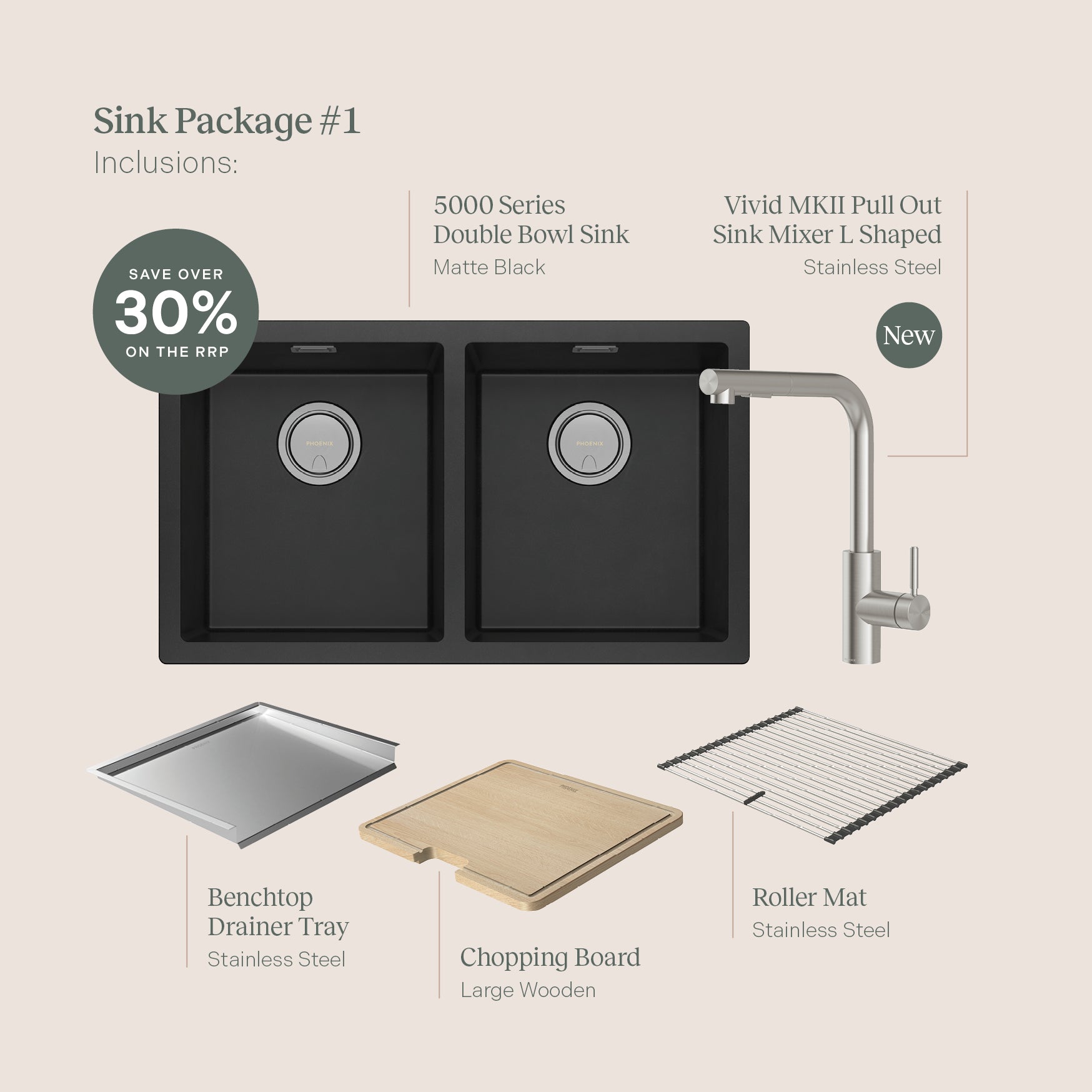 Phoenix Tapware Kitchen Sink Package 1 - Matte Black Sink & Stainless ...